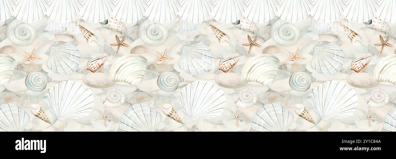 Seamless pattern and border of beige sea shells, bubbles and pebbles ...