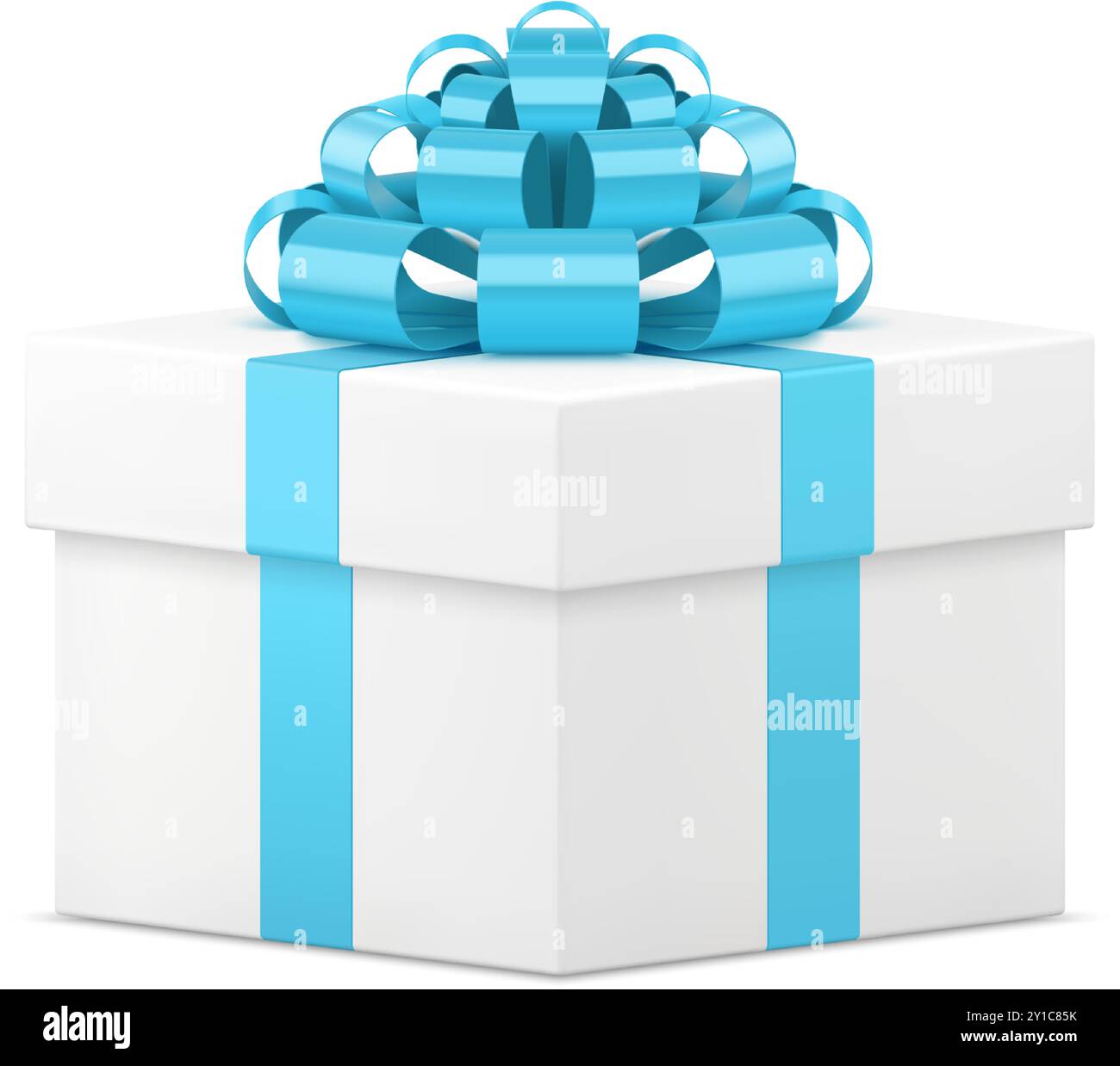 Cute white squared gift box with luxury blue bow ribbon festive present ...