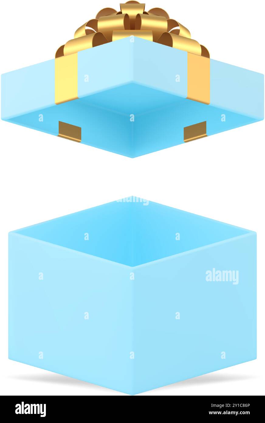 Blue open gift box with golden luxury bow ribbon festive package 3d ...