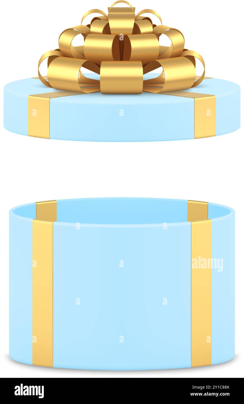 Blue circle gift box present package with open cap and golden bow ...