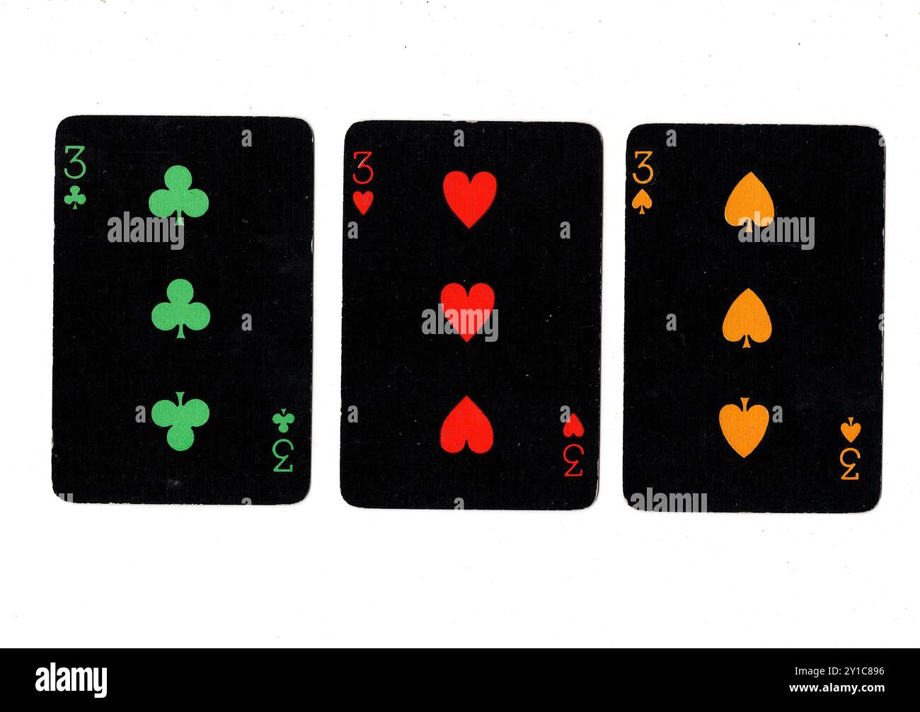 Vintage black playing cards showing three threes on a white background ...