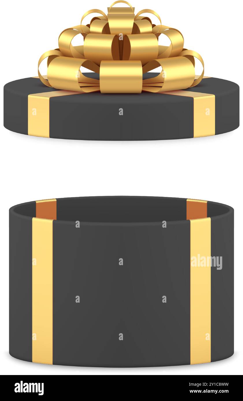 Black fashion circle gift box with open cap golden luxury bow ribbon ...