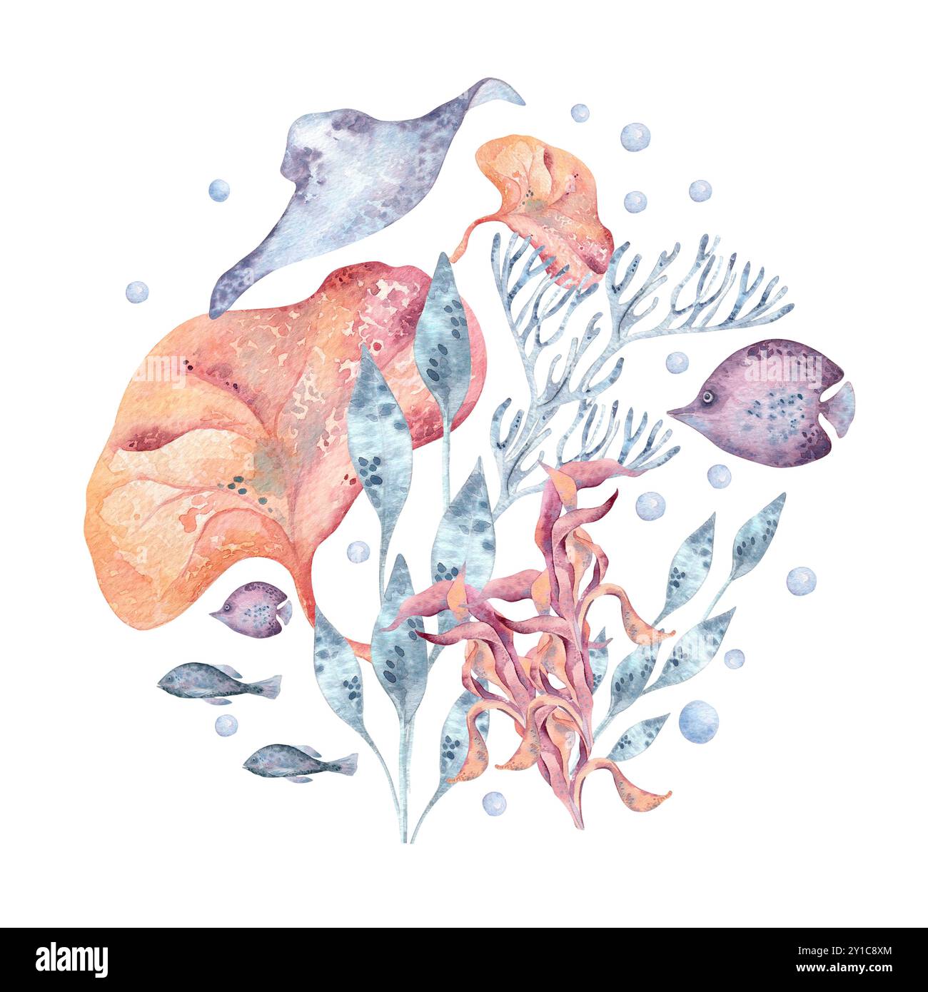 Underwater world illustration with fantasy sea flora and ocean ...