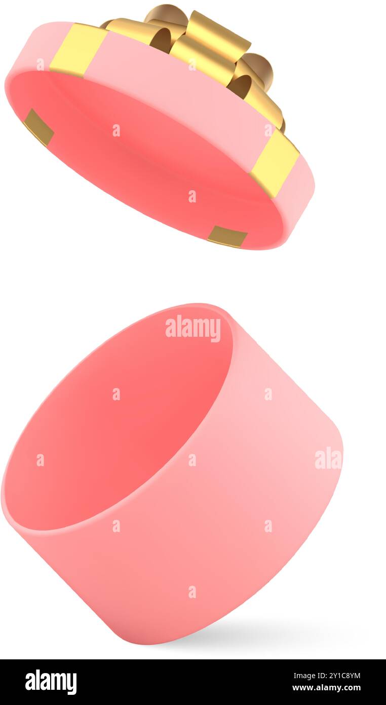 Open pink circle gift box with luxury golden bow ribbon and flying lid ...