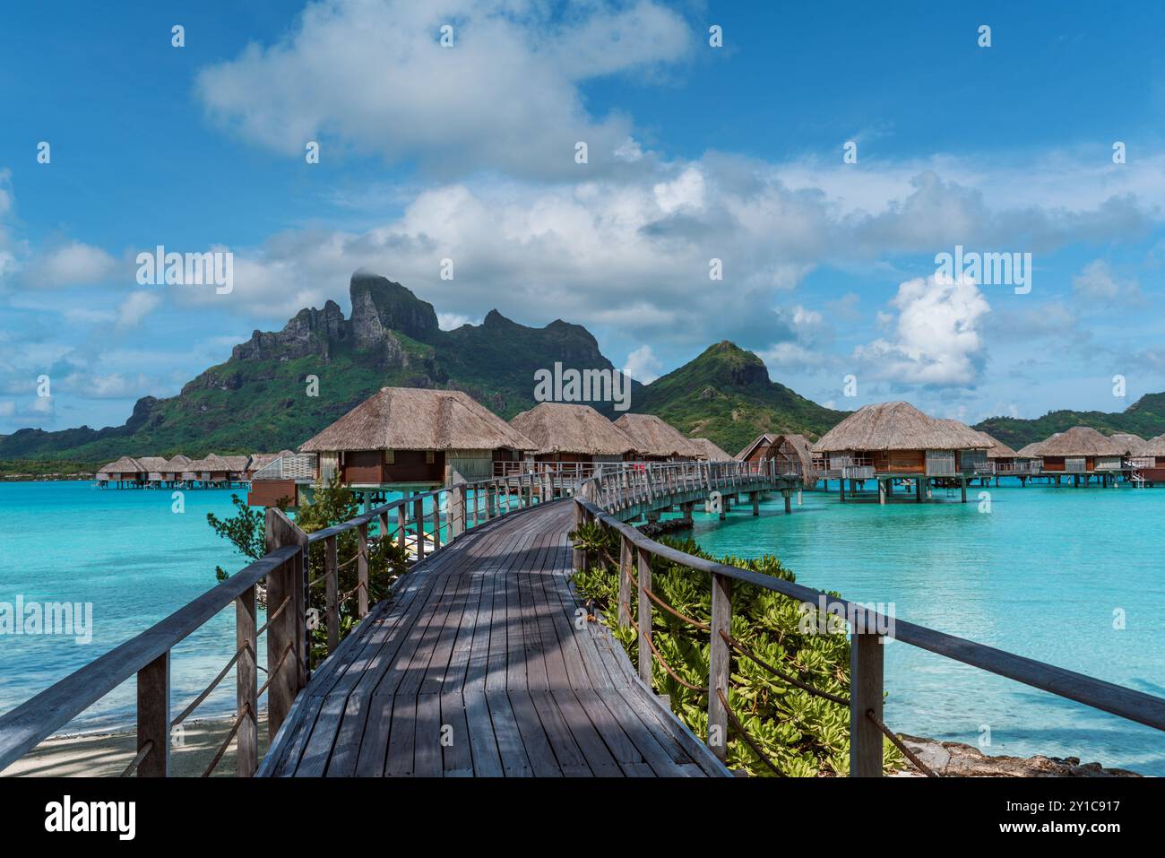 View of the Mount Otemanu through turquoise lagoon and overwater ...