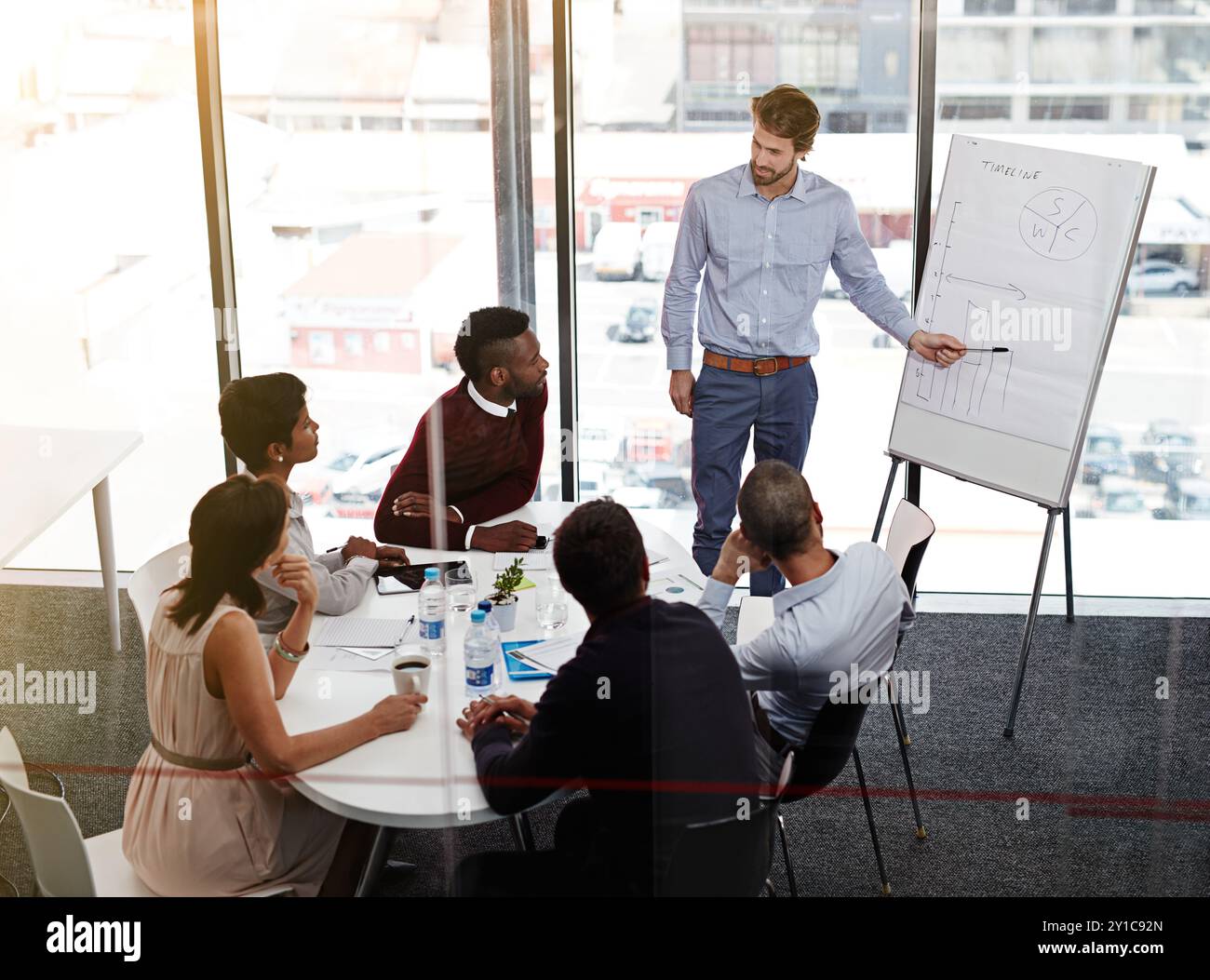 Explaining, presentation and man with whiteboard, office and discussion ...