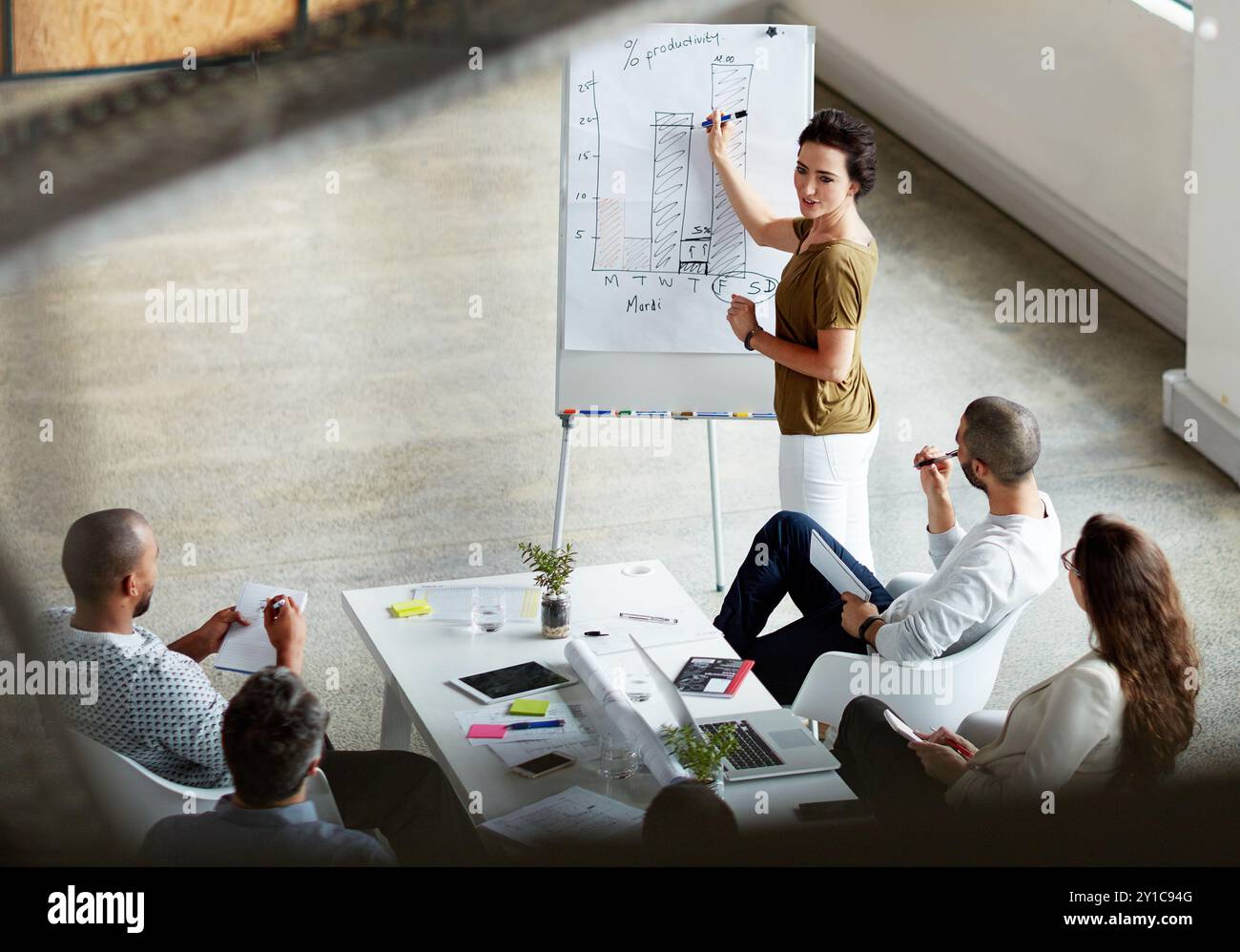 Employees, people and graph in whiteboard in workshop at office for ...