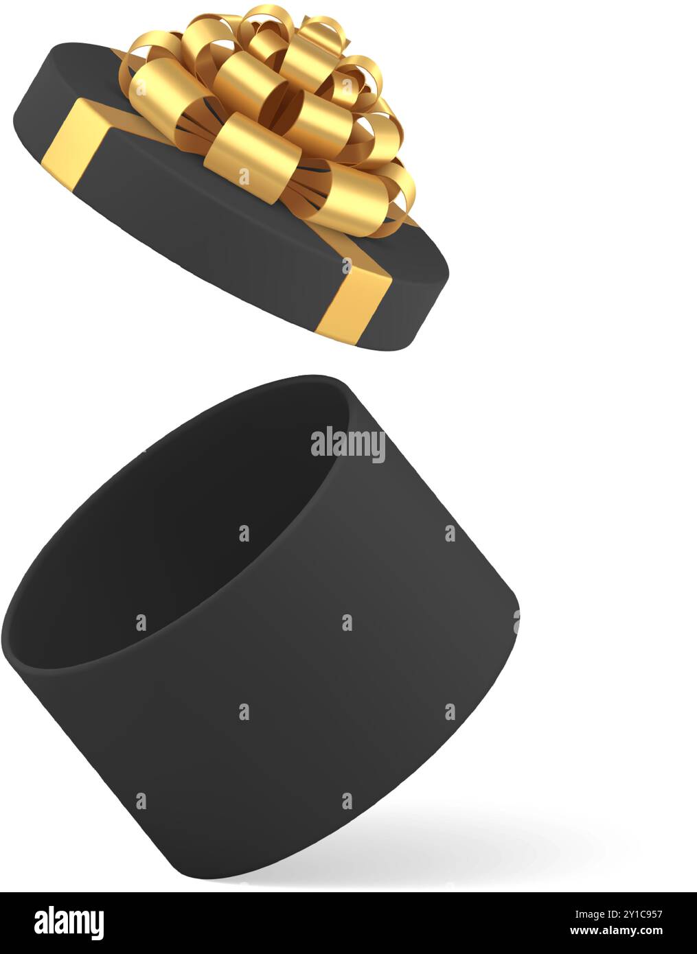 Black empty circle open gift box with luxury golden bow ribbon male ...