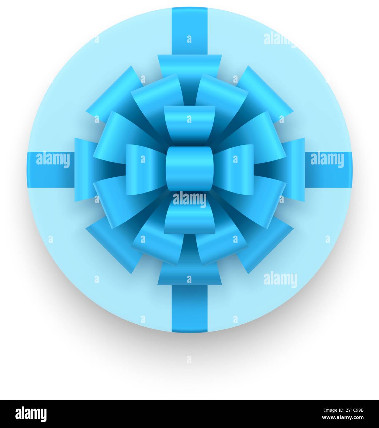 Romantic blue circle gift box with luxury glossy bow ribbon top view 3d ...