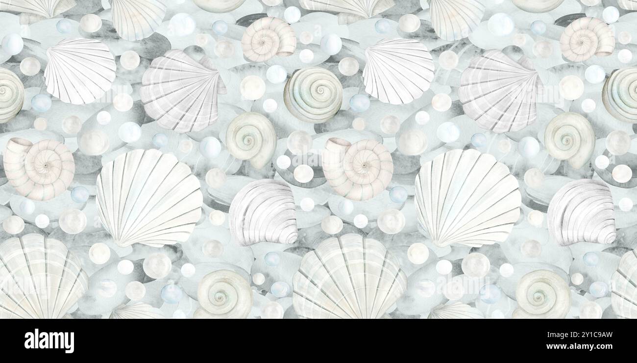 Seamless pattern of beige sea shells, bubbles and pebbles watercolor ...