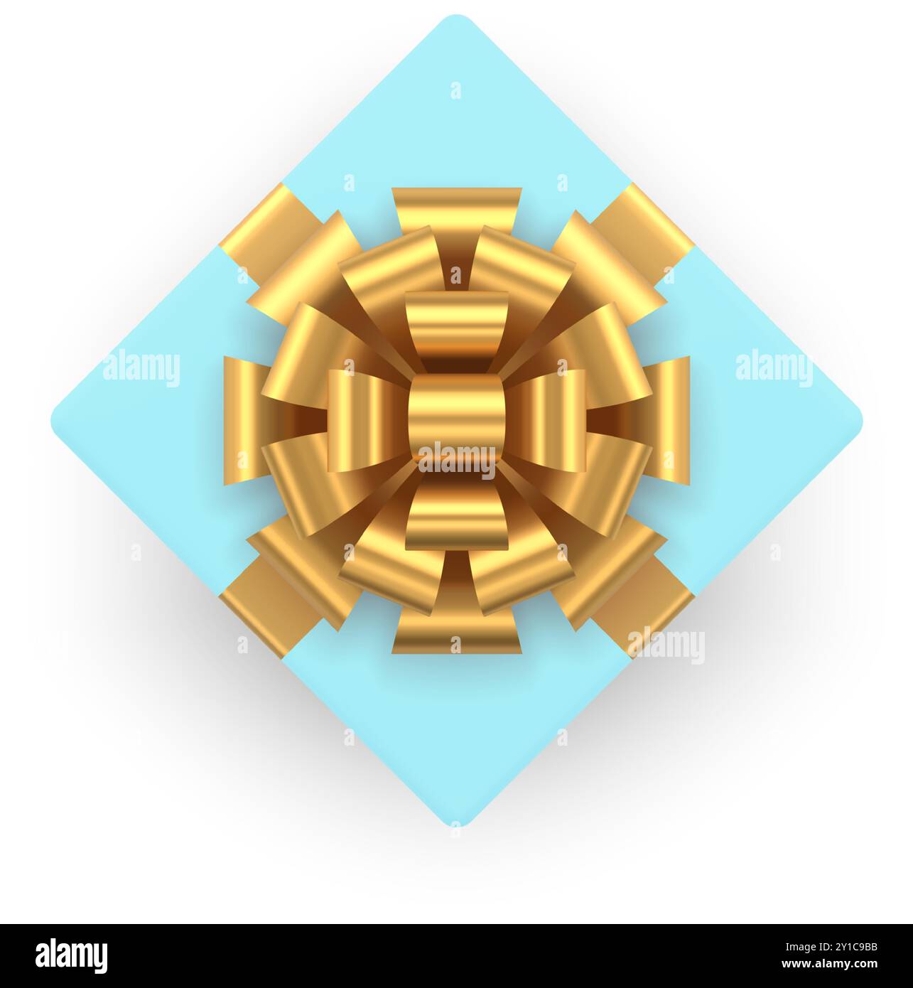 Blue luxury gift box with golden glossy bow ribbon top view 3d icon ...