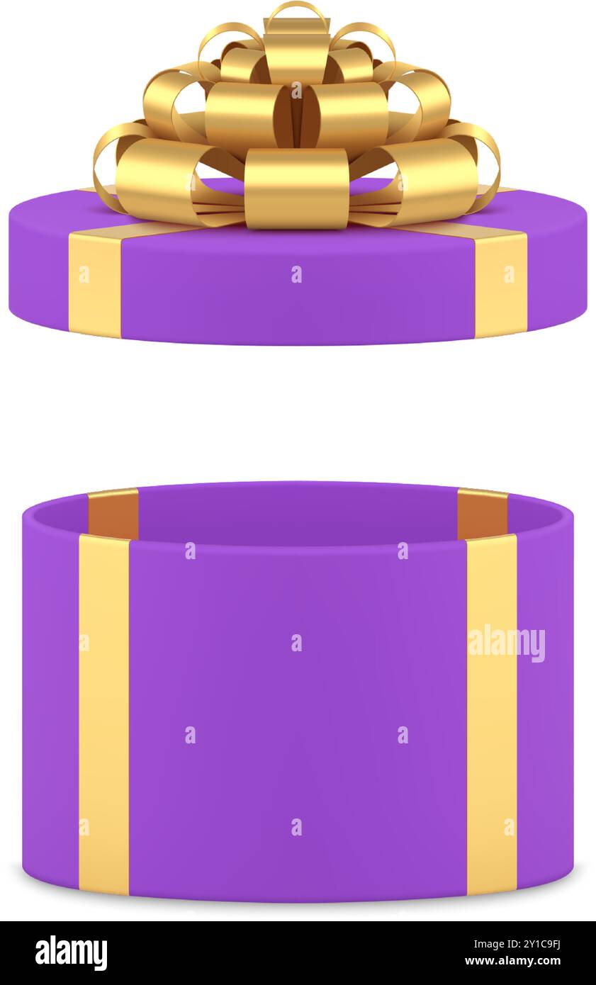 Purple circle empty gift box with open cap golden luxury bow ribbon 3d ...