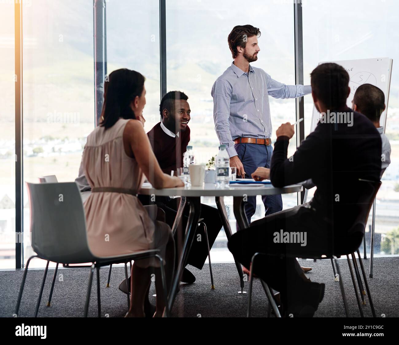 Discussion, research and team director planning project with whiteboard ...