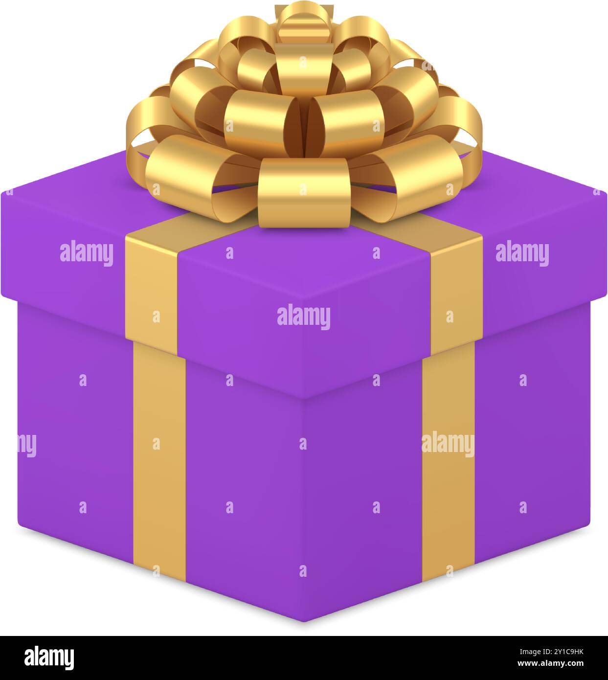 Purple squared gift box with golden bow ribbon package for holiday ...