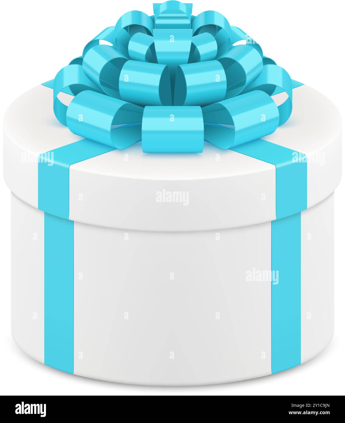 Elegant white circle gift box with luxury blue bow ribbon festive ...