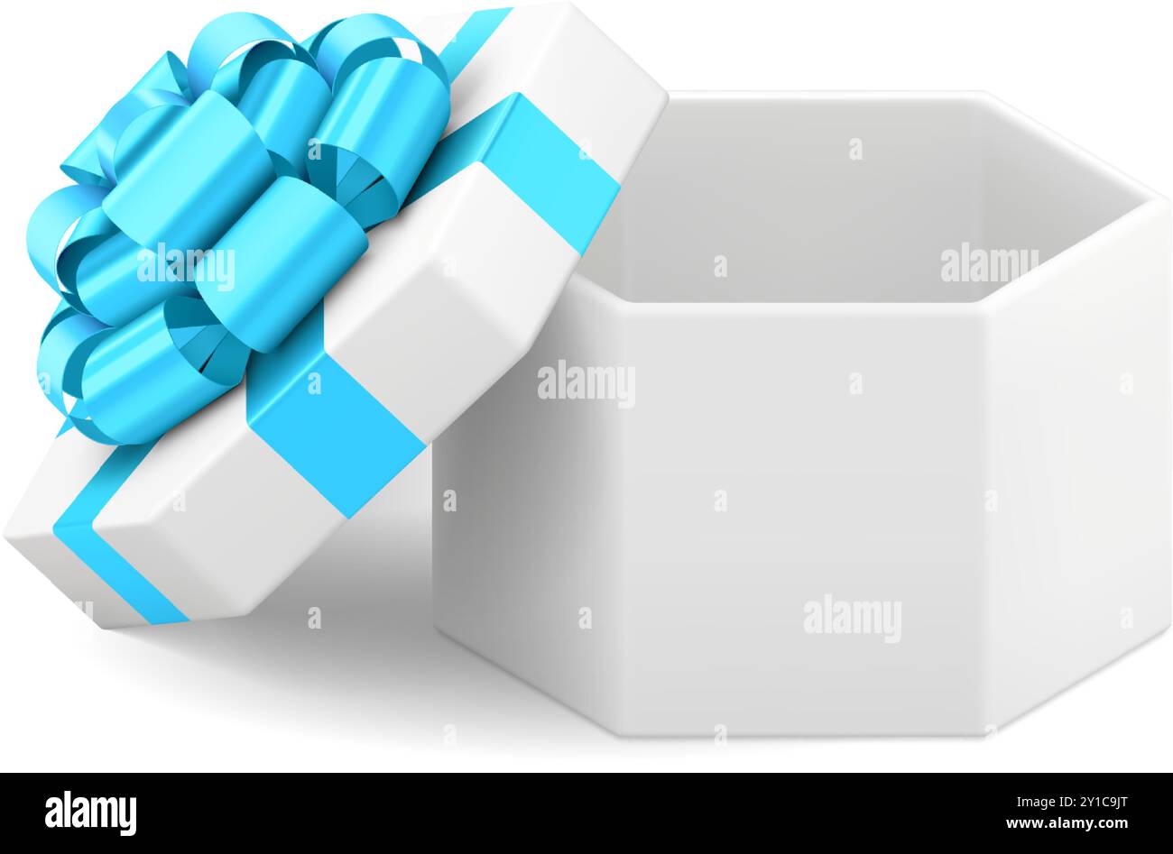 White elegant empty open gift box with blue luxury bow ribbon 3d icon ...