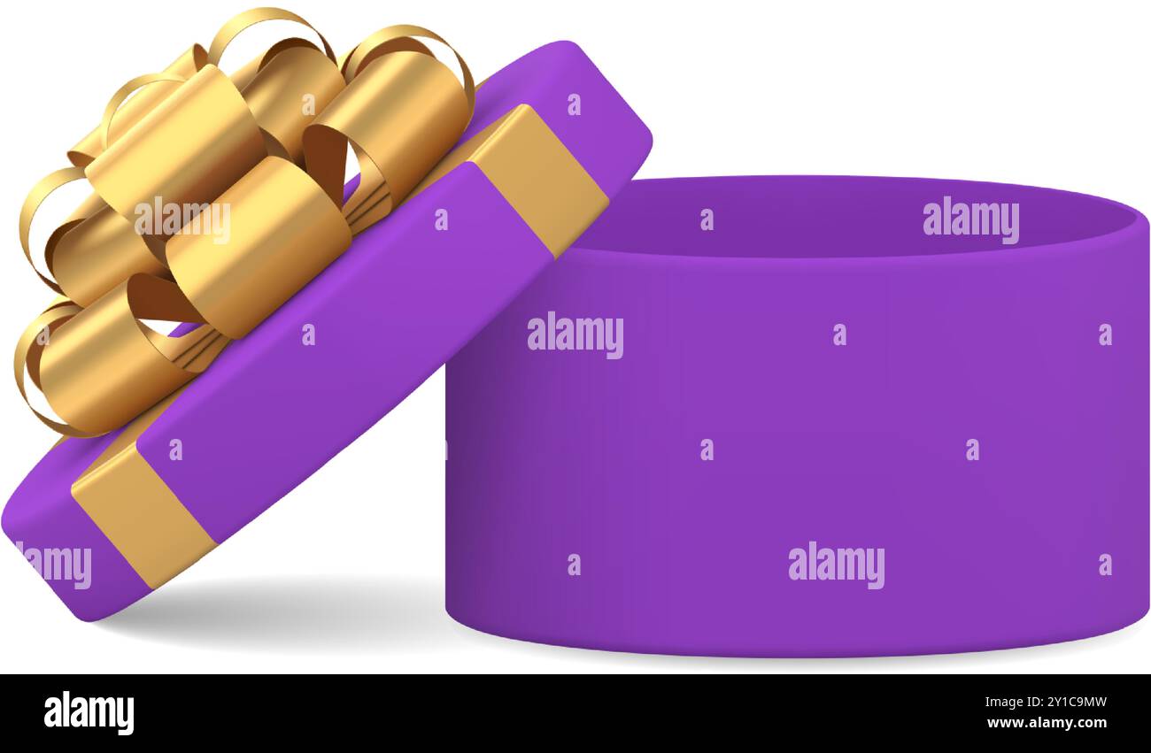 Violet luxury circle open gift box with golden bow ribbon 3d icon ...