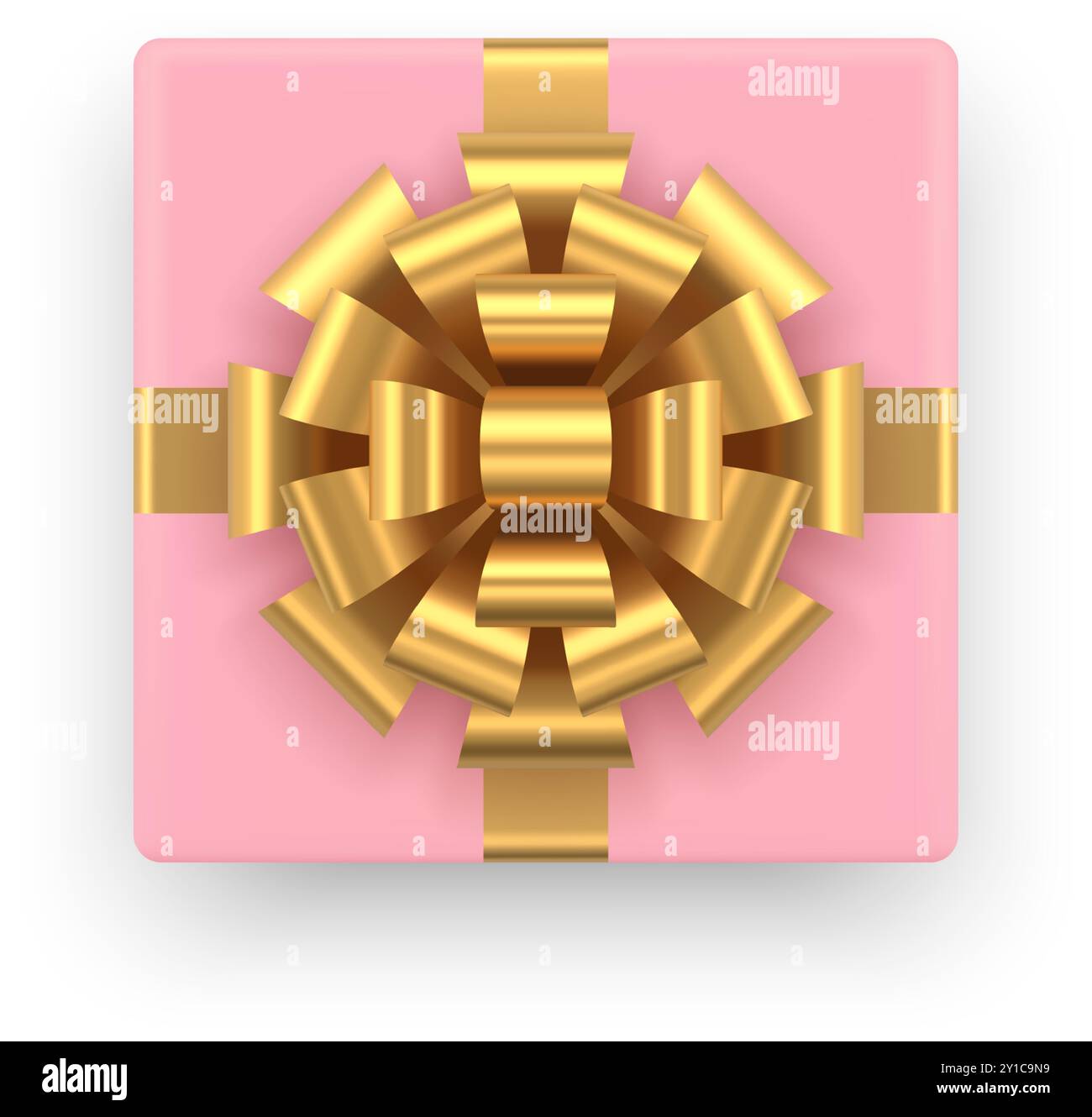 Pink feminine gift box with luxury golden bow ribbon top view 3d icon ...