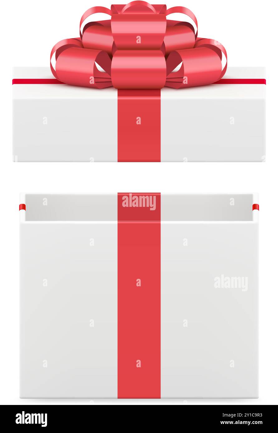 White wrapped rectangular gift box with luxury red bow ribbon 3d icon ...