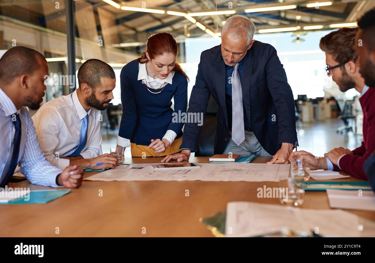 Developer, people or architecture floor plan in meeting for engineering ...