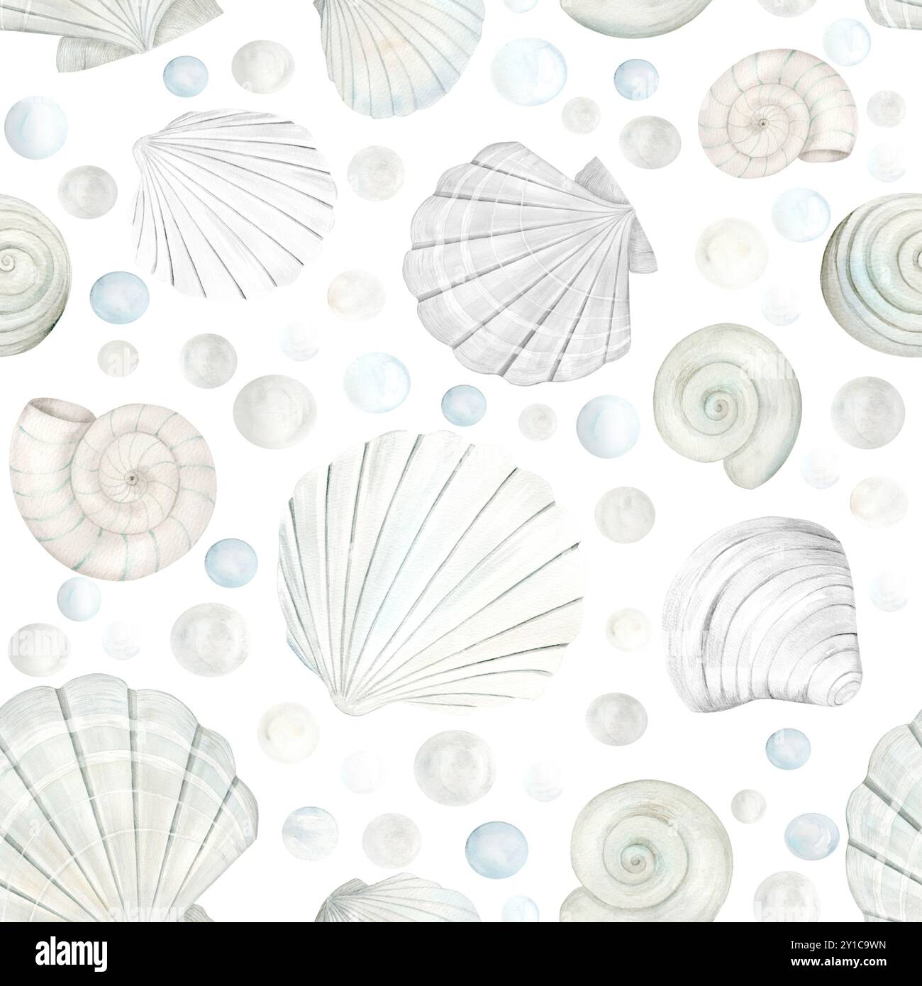 Seamless pattern of beige sea shells, bubbles and pebbles watercolor ...