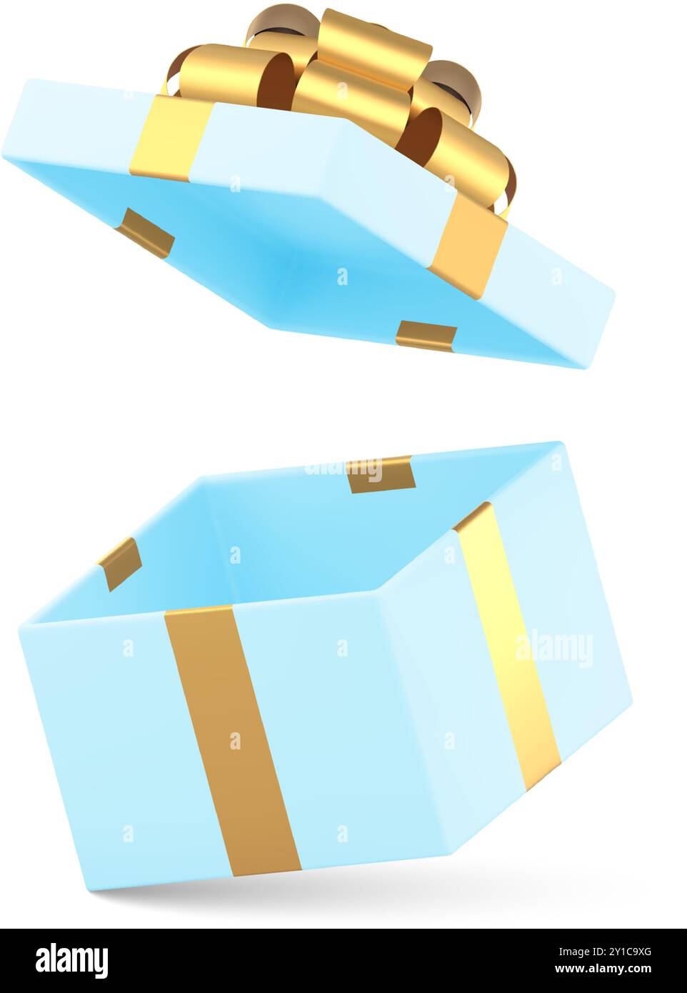 Open blue gift box with flying lid and luxury golden bow ribbon empty ...