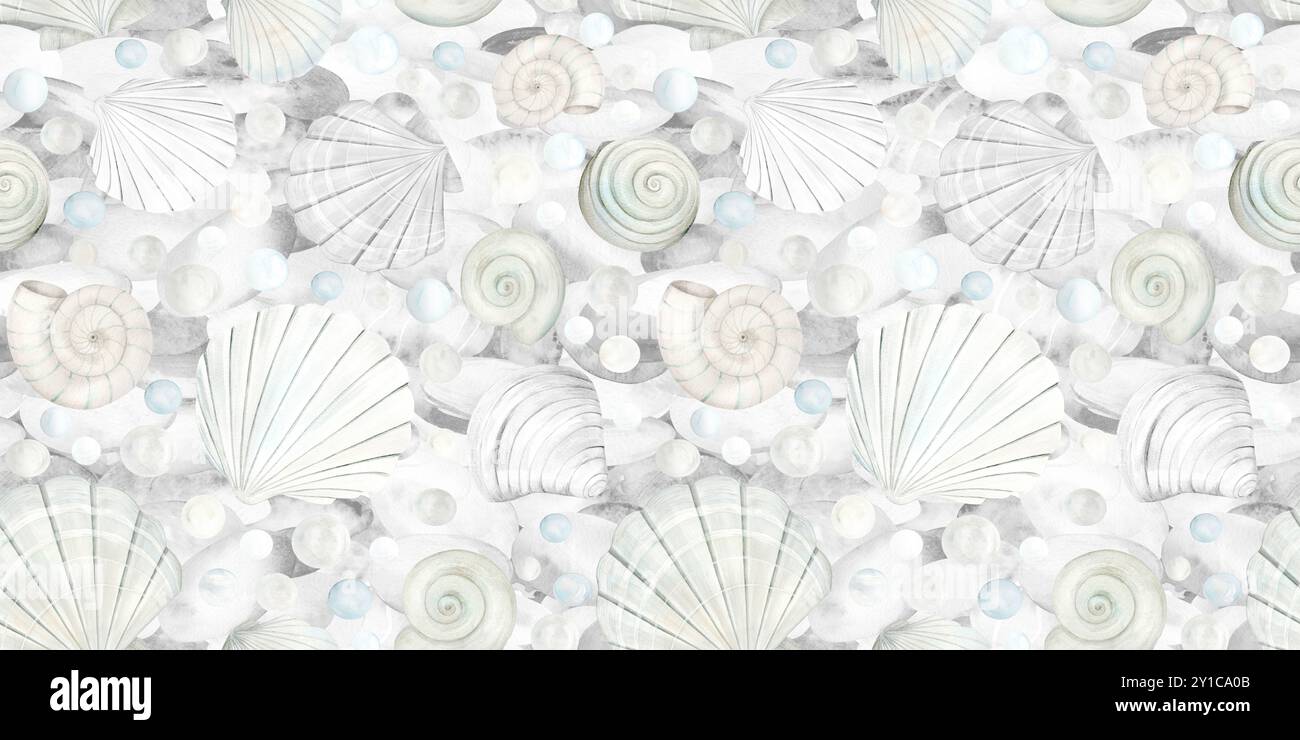 Seamless pattern of beige sea shells, bubbles and pebbles watercolor ...