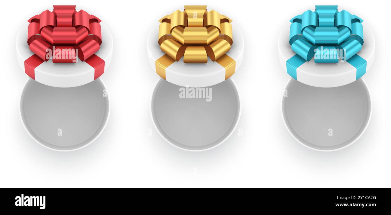 Realistic rounded wrapped white gift boxes with glossy multicolored bow ...