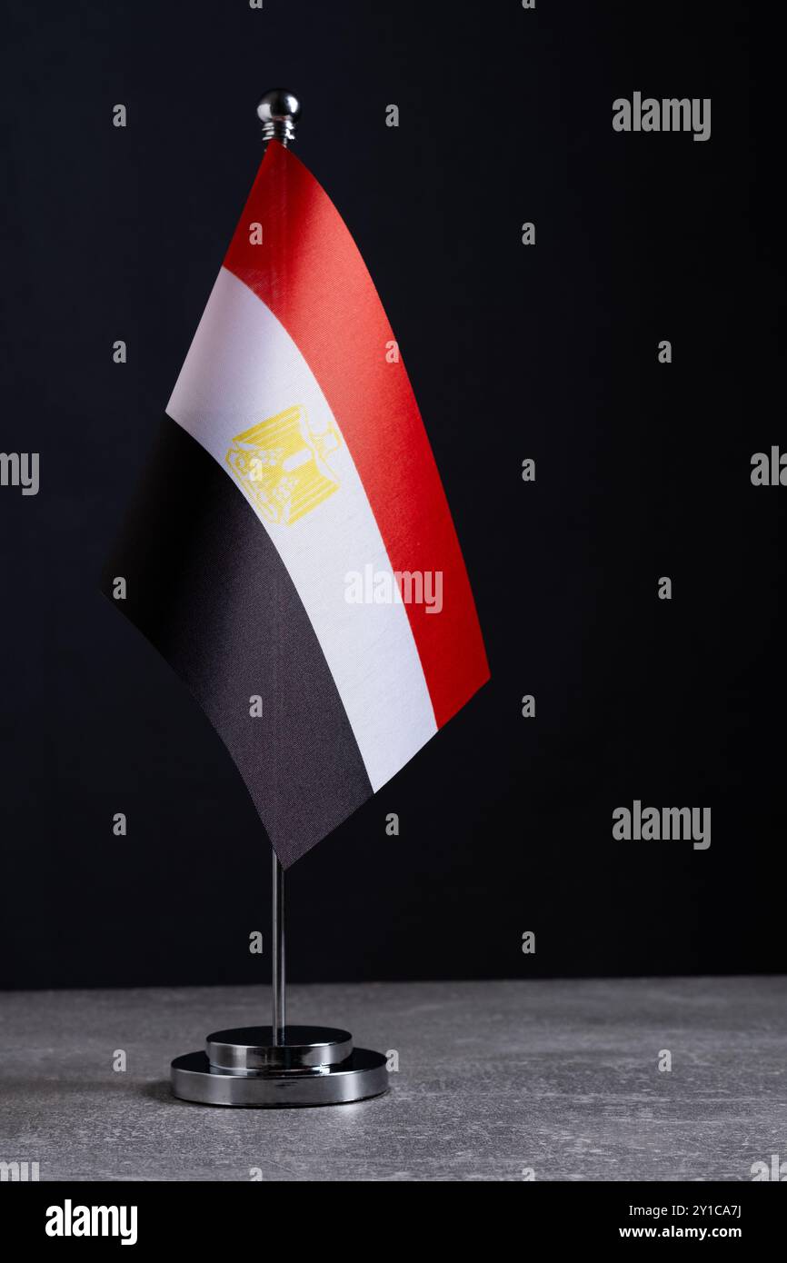 Egypt flag on small flagpole on gray table against dark background ...