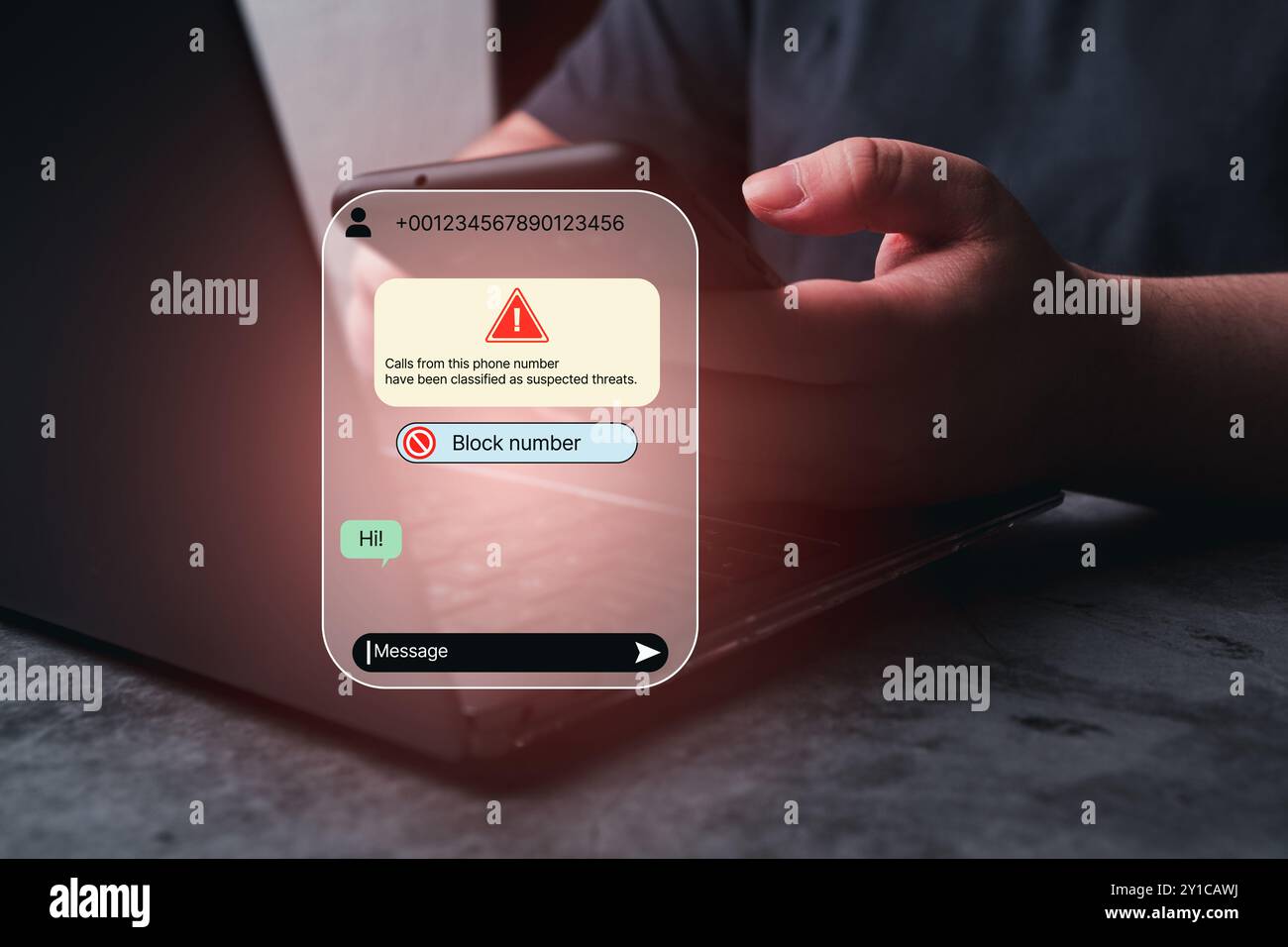 Woman receives message from suspected number scam. Unwanted anonymous ...