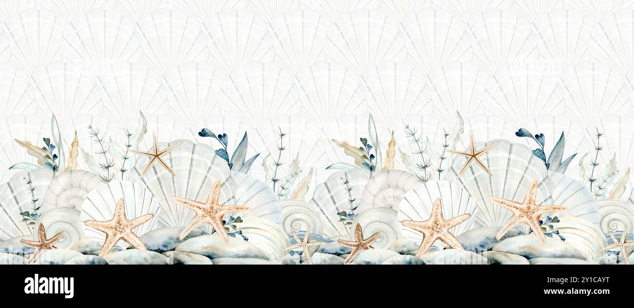 Seamless pattern and border of beige sea shells, starfish and pebbles ...