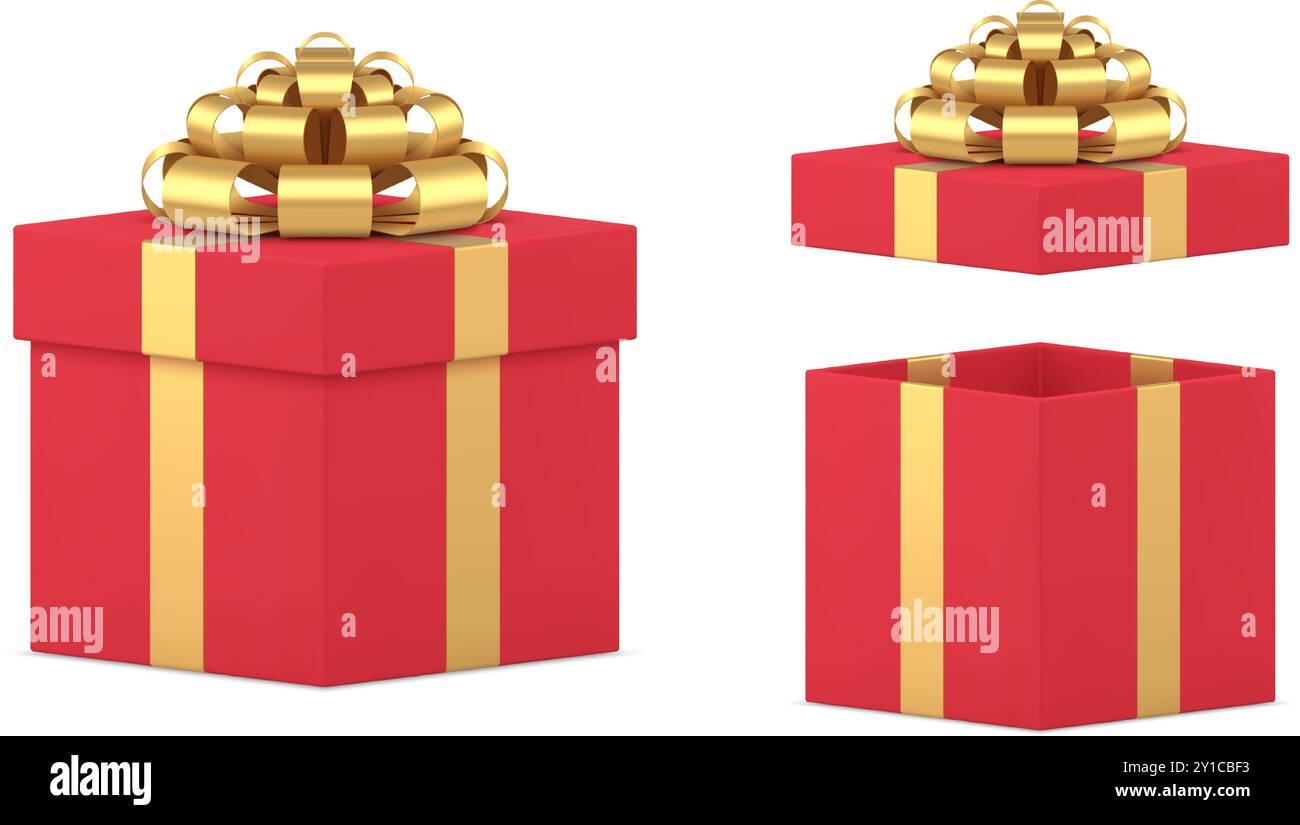 Beautiful three dimensional open and closed festive gift box wrapped by ...