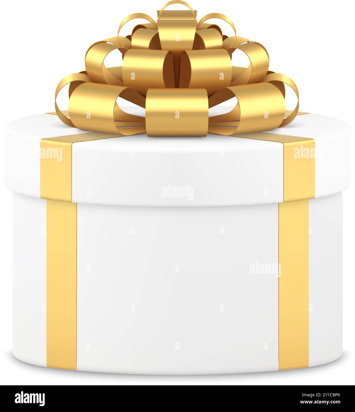 Circle white gift box decorated by golden bow ribbon vector ...