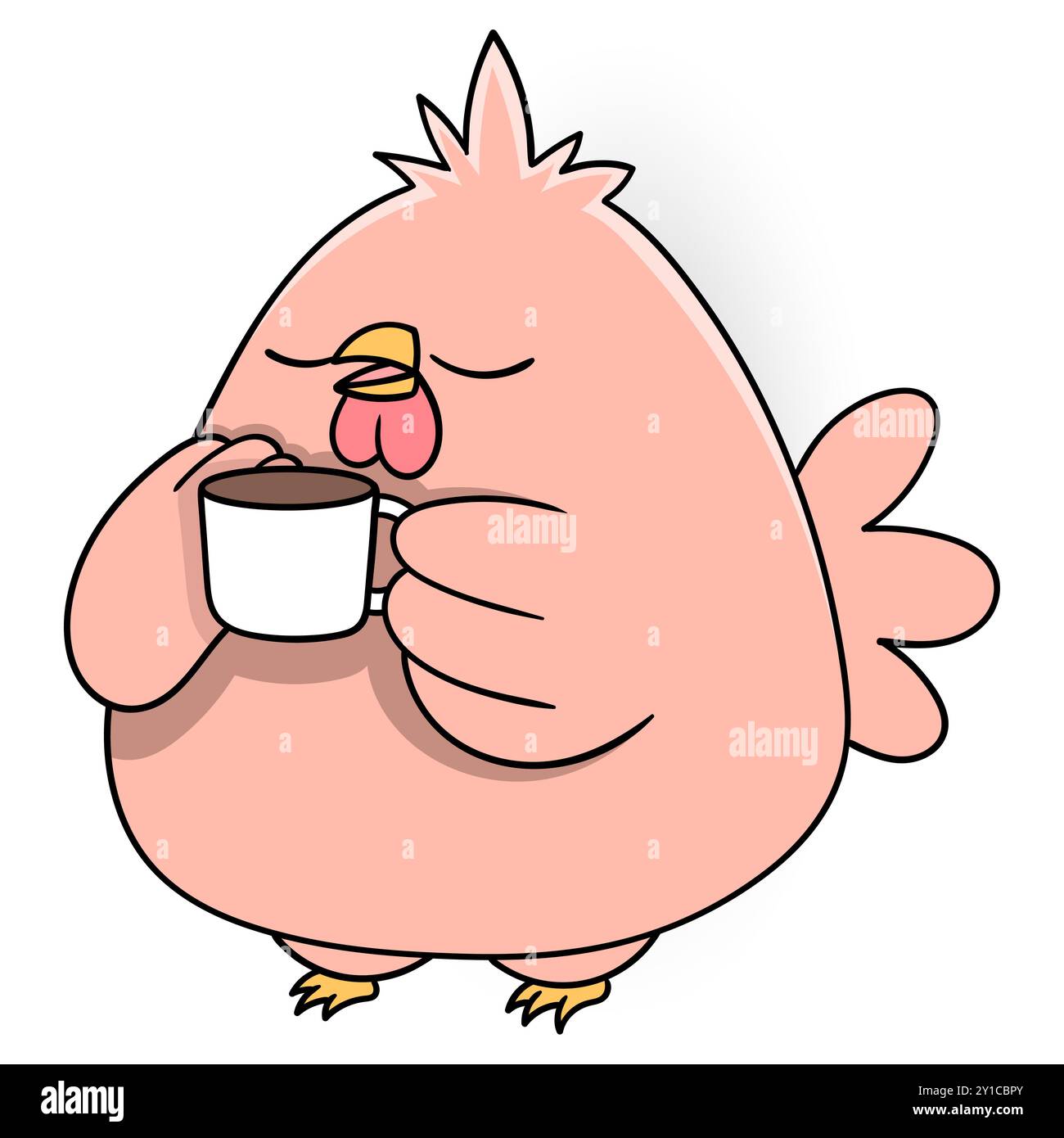cartoon doodle of animal activities, a fat chick is enjoying a cup of ...