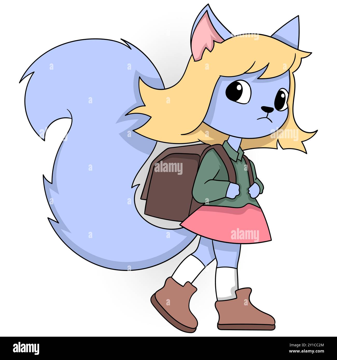 cartoon doodle of animal activities, female cat student carrying ...