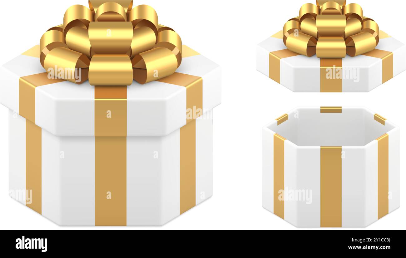 Realistic tender wrapped white polygon festive gift box with golden ...