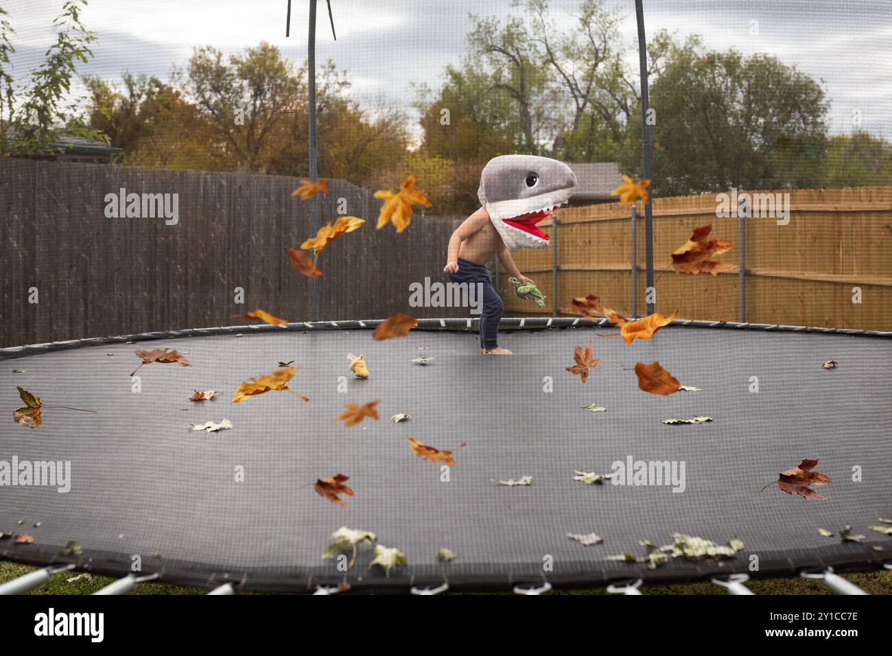 boy in shark costume on trampoline with fall leaves on cloudy day Stock ...