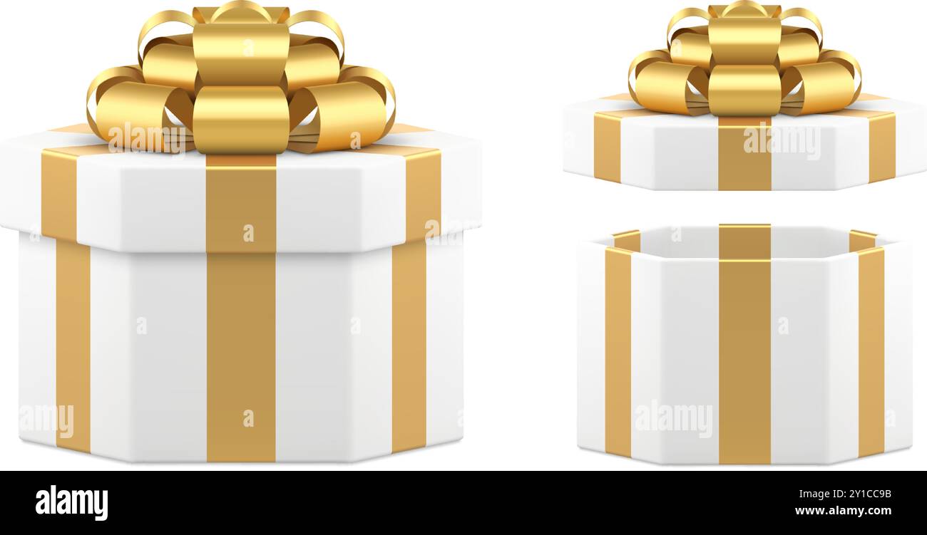 Realistic white polygon festive gift box with golden metallic bow ...