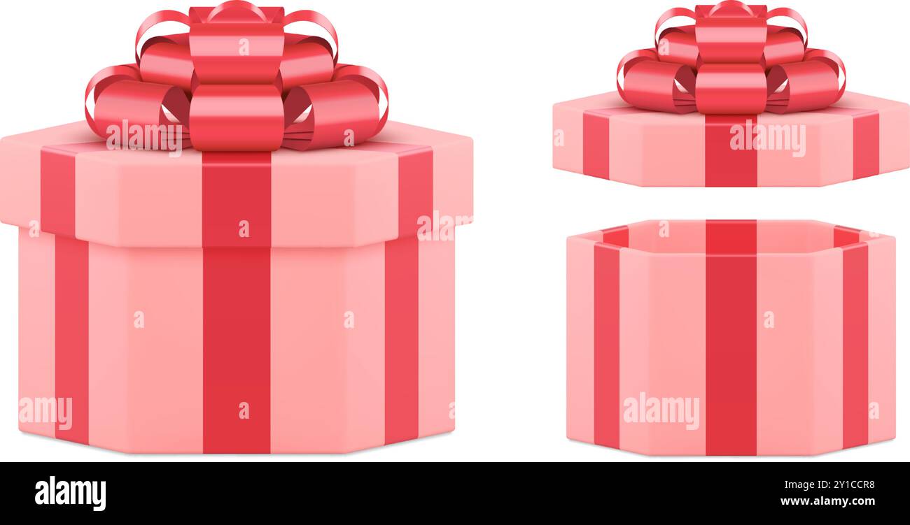 Pink open and closed festive polygon gift box with red bow ribbon anb ...