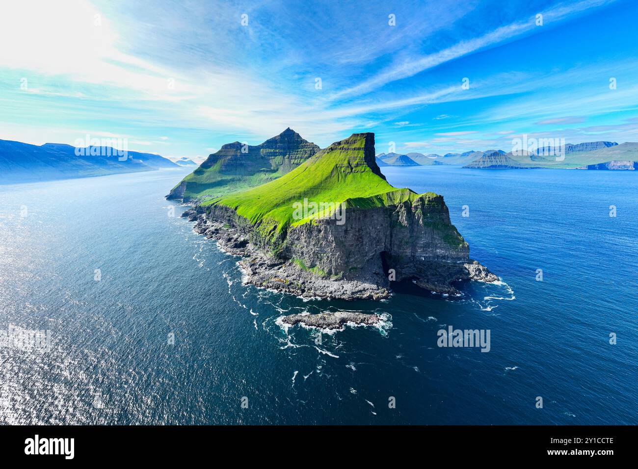 Aerial view of Kallur lighthouse in summer, Faroe Islands Stock Photo ...