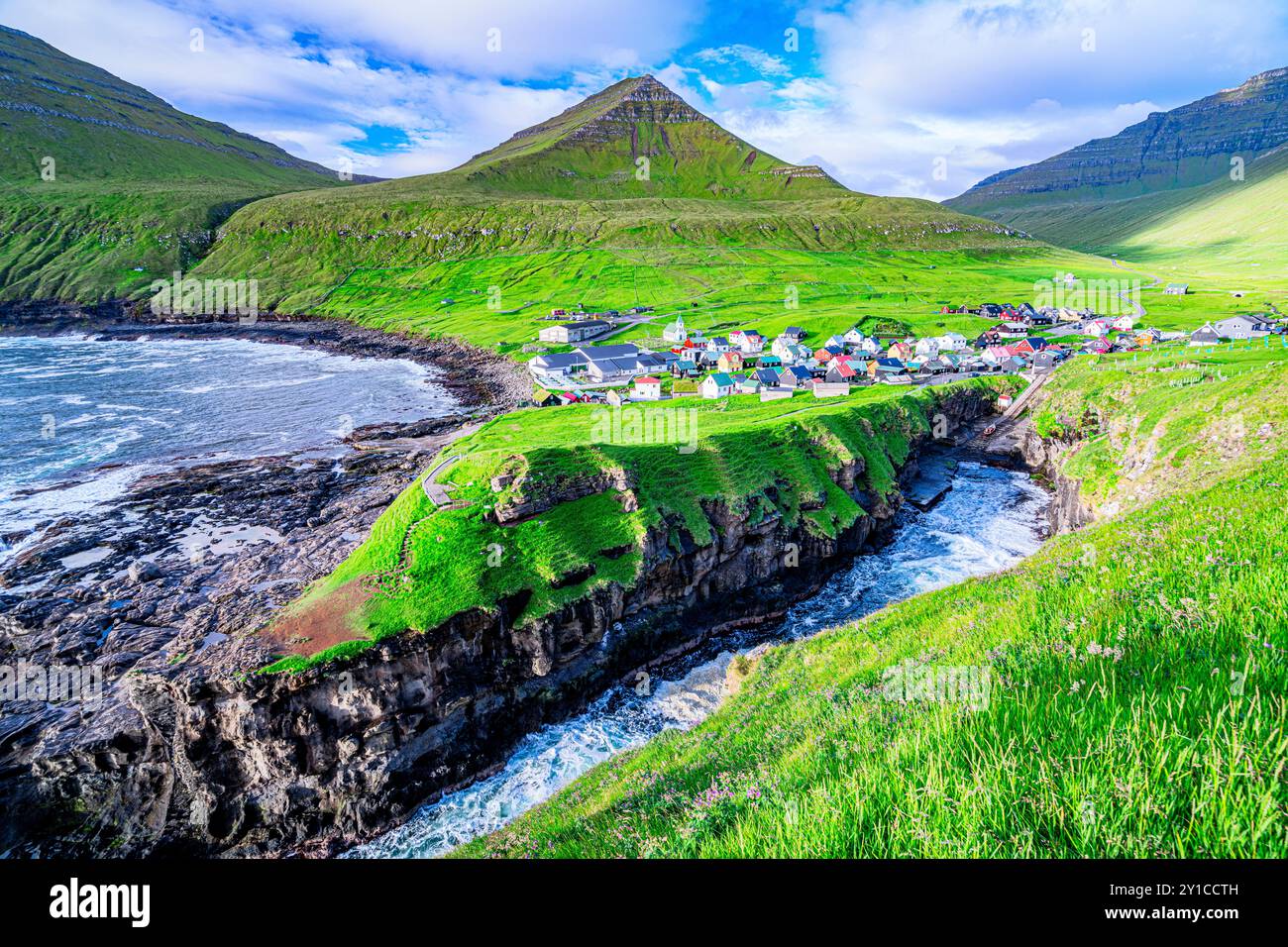 Traditional village of Gjogv on cliffs, Faroe Islands Stock Photo - Alamy