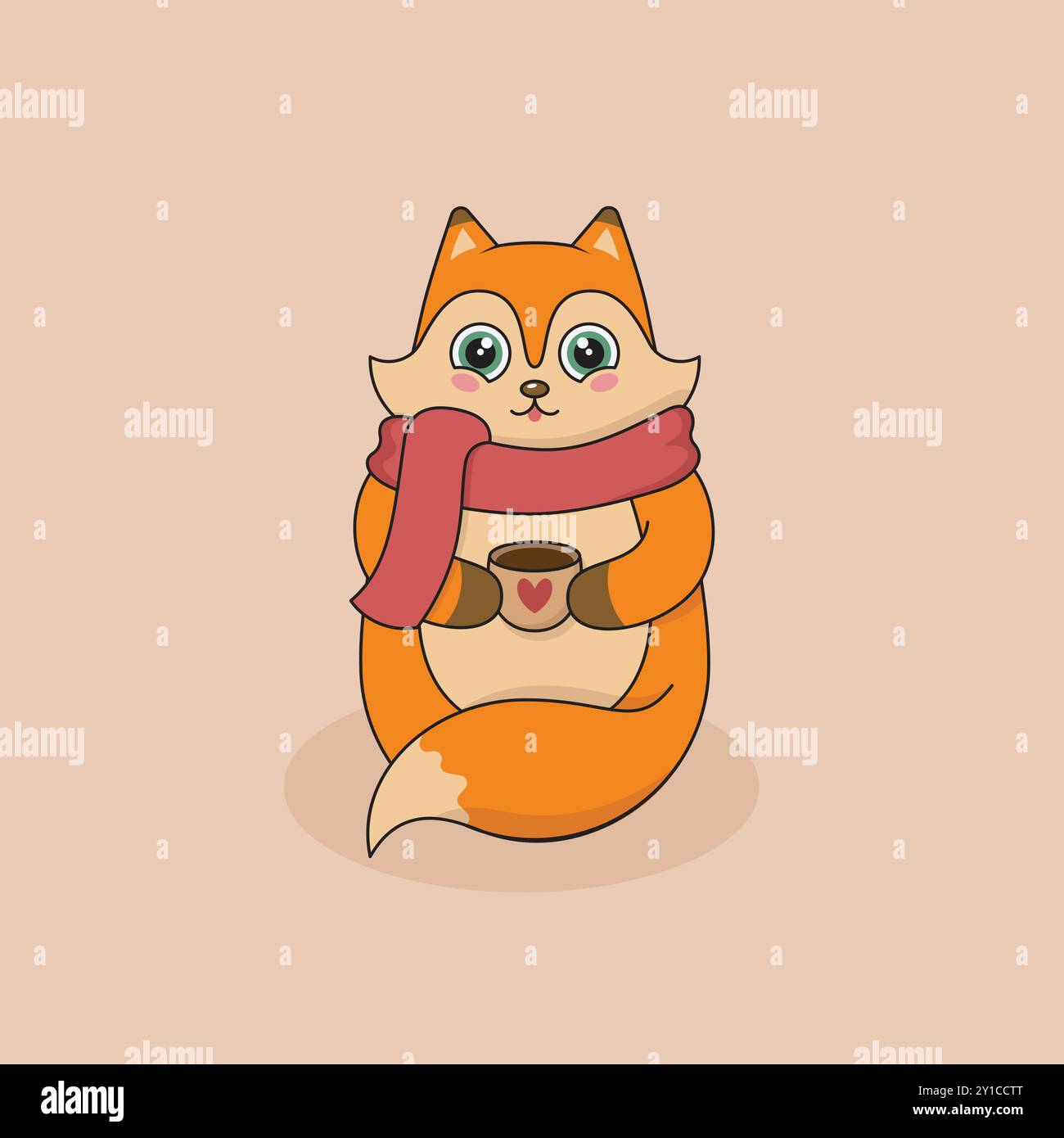 A Cute Fox with a Red Scarf Holds a Mug of Tea. Autumn Cartoon ...
