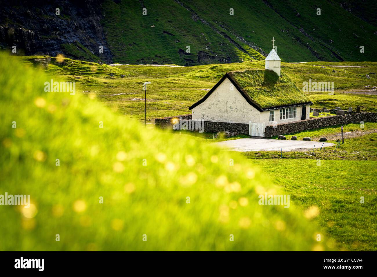 Saksun church in flowering meadows, Faroe Islands Stock Photo - Alamy