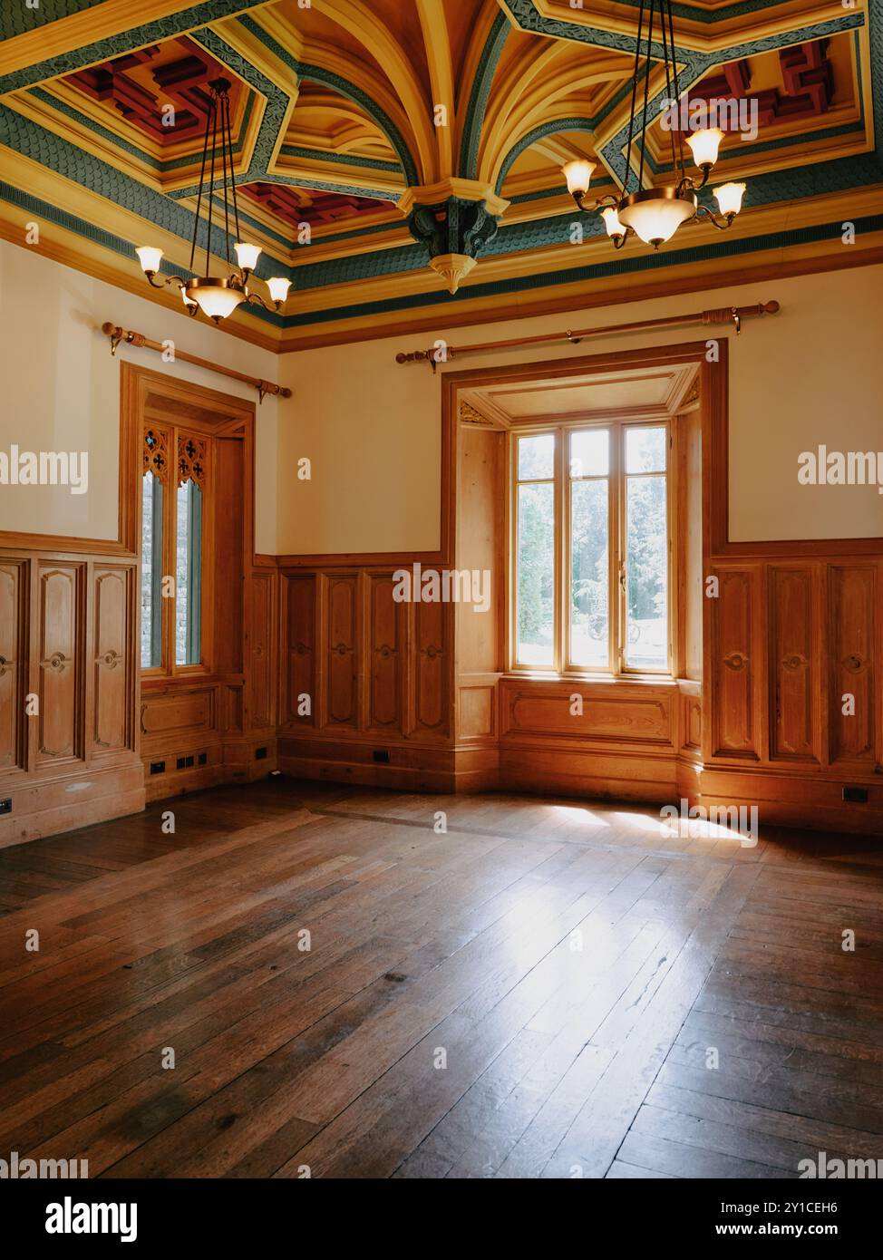 The colourful interior of the empty Wray Castle in Low Wray, Claife ...