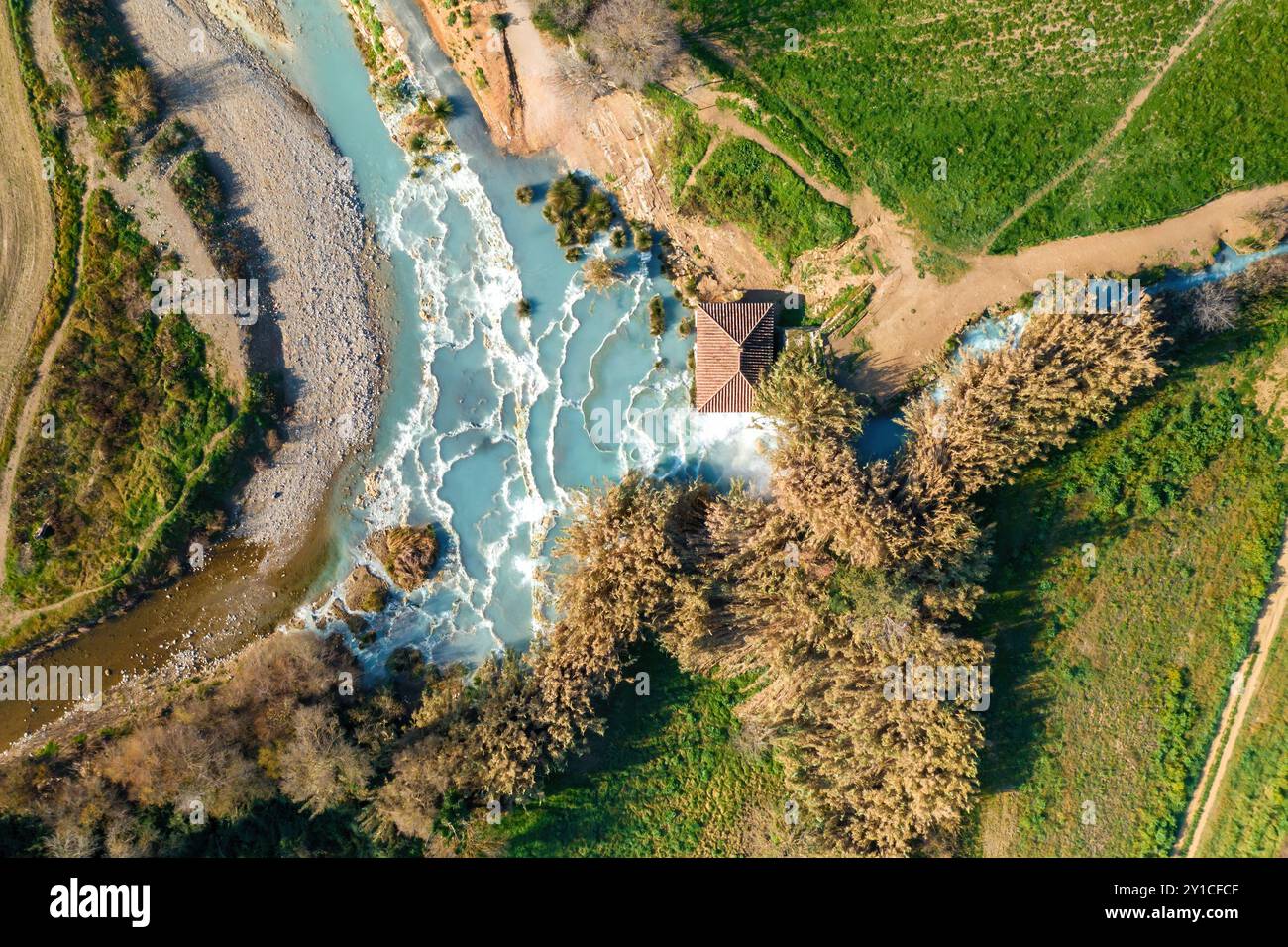 Saturnia hot springs with turquoise water drone aerial top view Stock ...