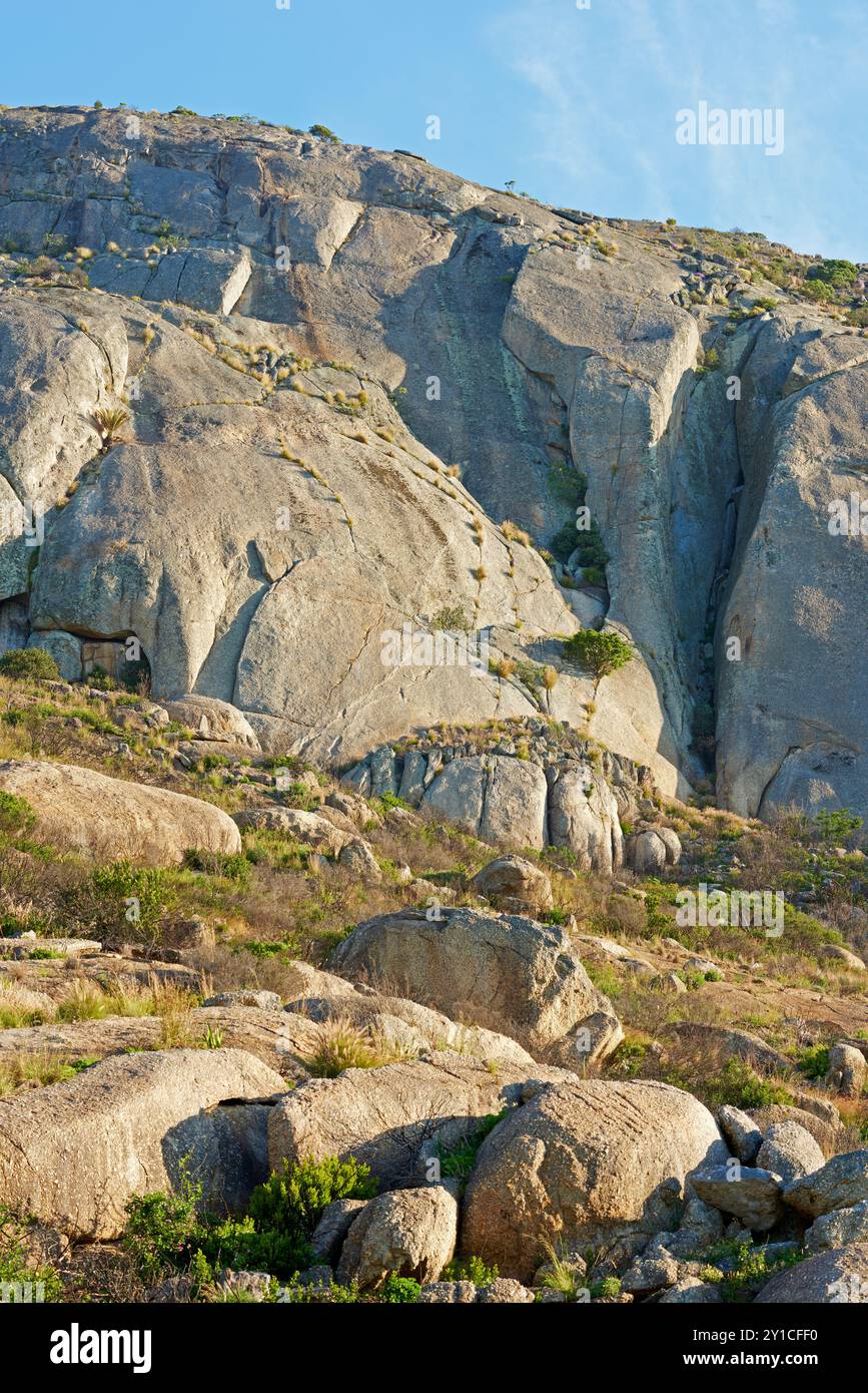 Rock, valley and landscape with mountain in nature for ecology, travel ...