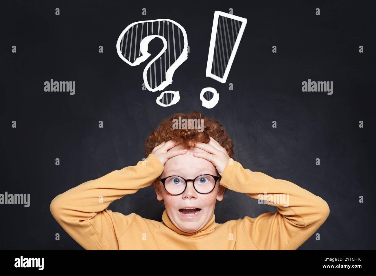 Shocked child boy school student with exclamation and question mark ...