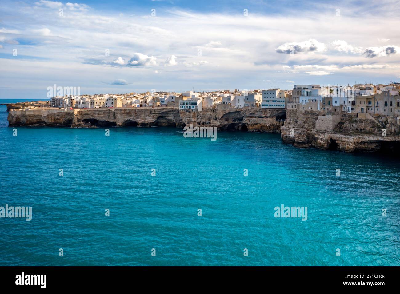Polignano a Mare drone view in the Mediterranean sea turquoise water ...