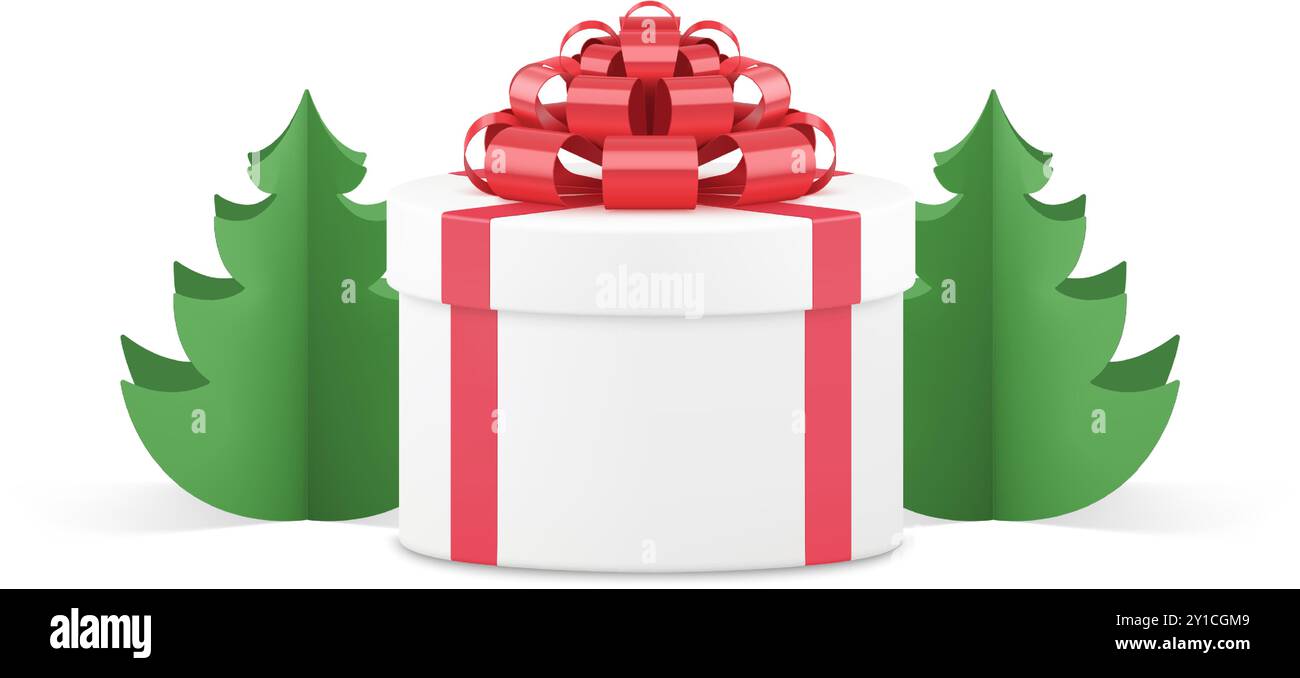 Romantic white circle gift box red glossy bow ribbon and green paper ...