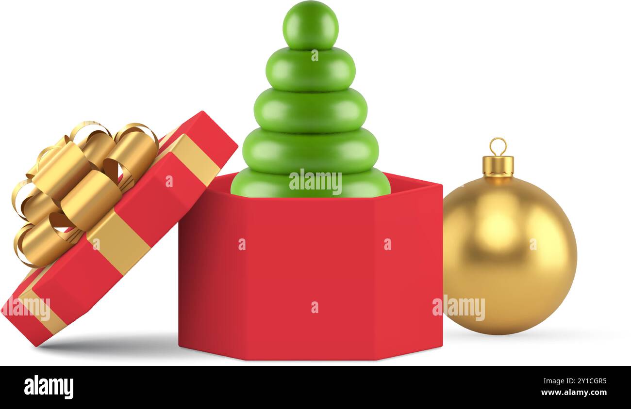 Green Christmas tree balloon at gift box with golden glossy Xmas ball ...